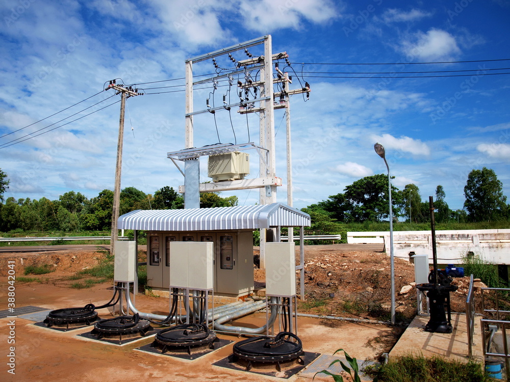 Outdoor sewage treatment station. Pump control cabinet with high ...