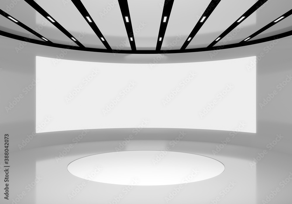 Futuristic circular room with big curved display on wall and round ...