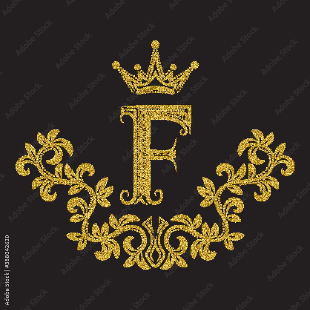 Golden glittering letter F monogram in vintage style. Heraldic coat of ...