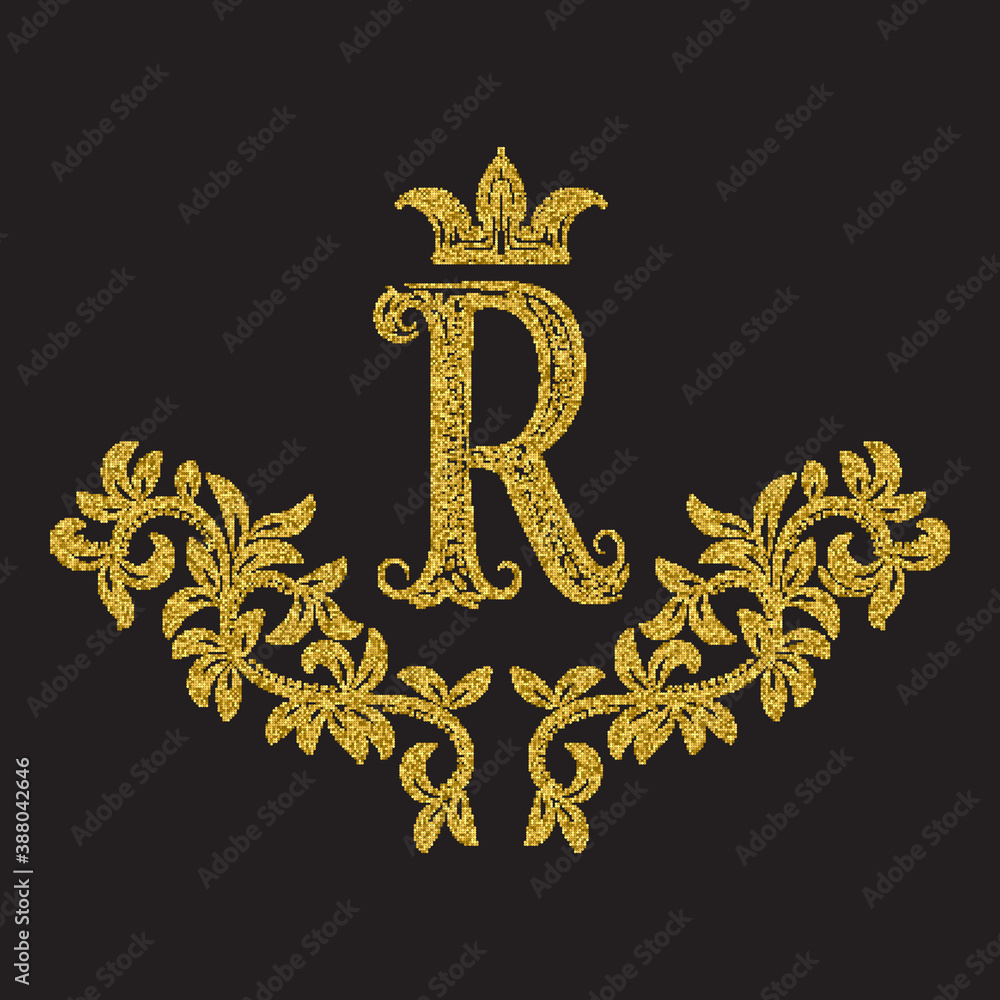 Golden glittering letter R monogram in vintage style. Heraldic coat of ...