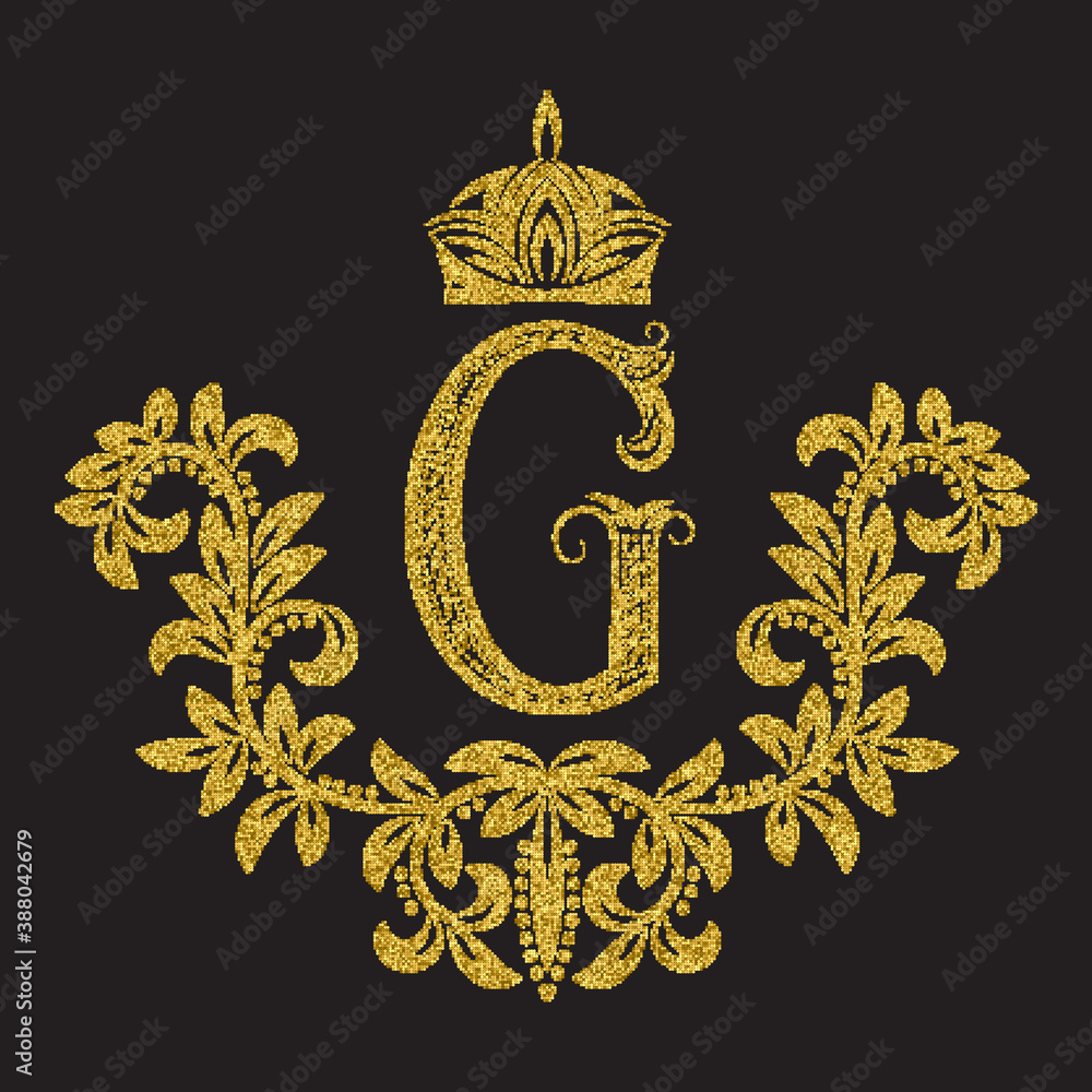 Golden glittering letter G monogram in vintage style. Heraldic coat of ...