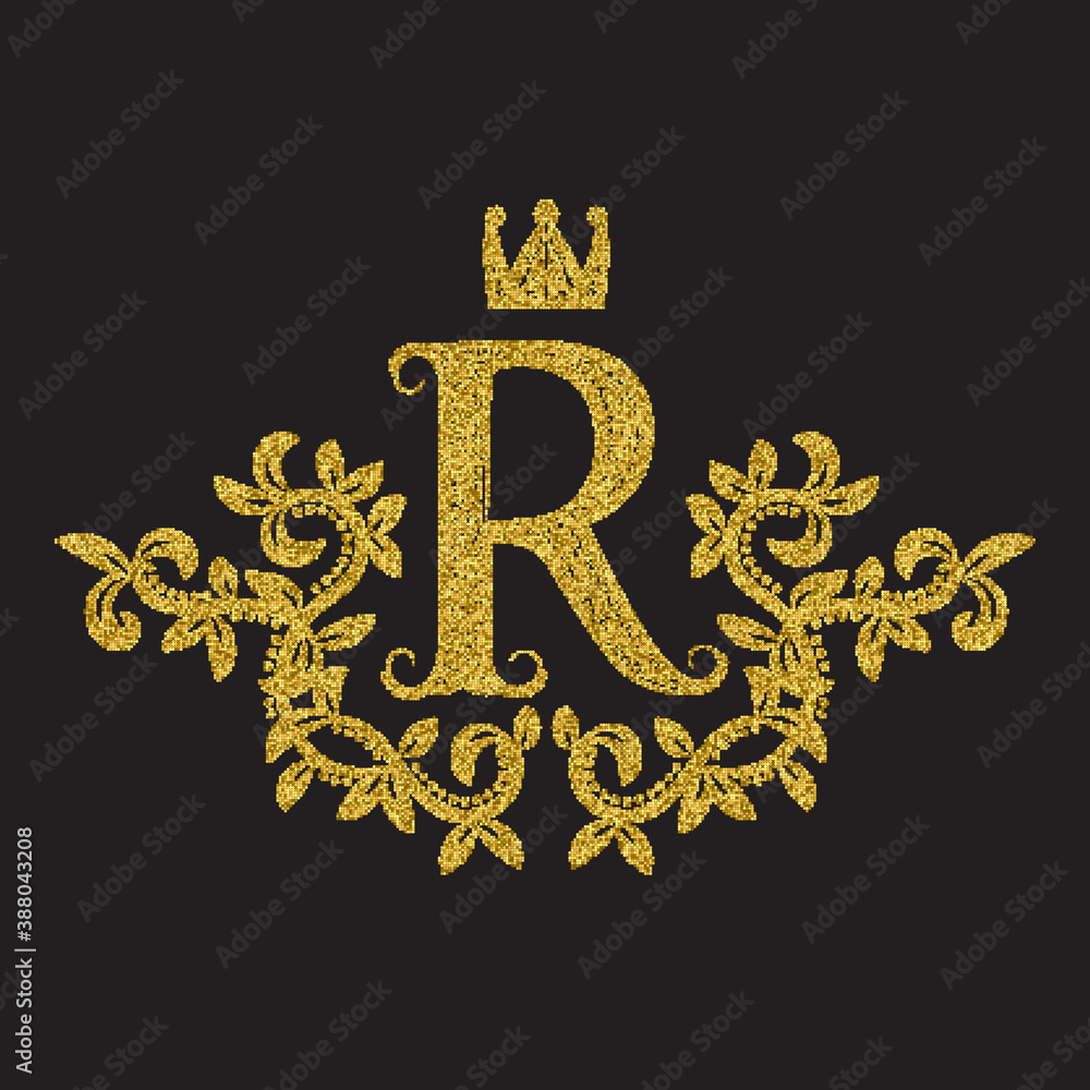 Golden glittering letter R monogram in vintage style. Heraldic coat of ...