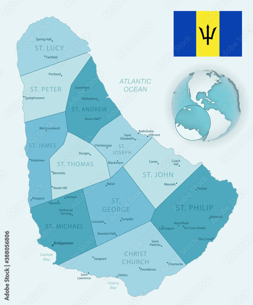 Blue-green detailed map of Barbados administrative divisions with ...