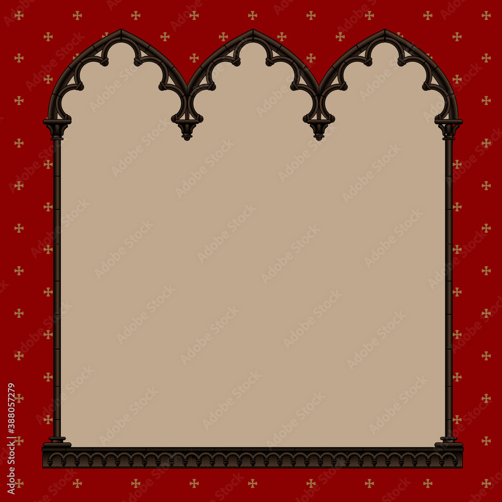 Engraved vintage color drawing of classical gothic architectural ...