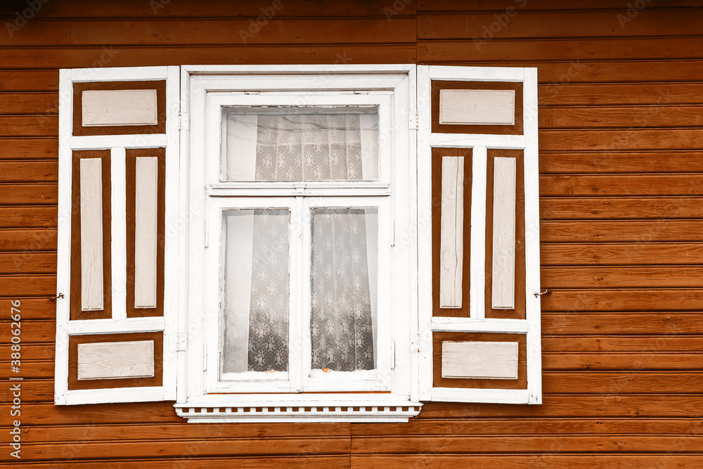 Wooden window rustic cottage house. Vintage wall with transparent glass ...