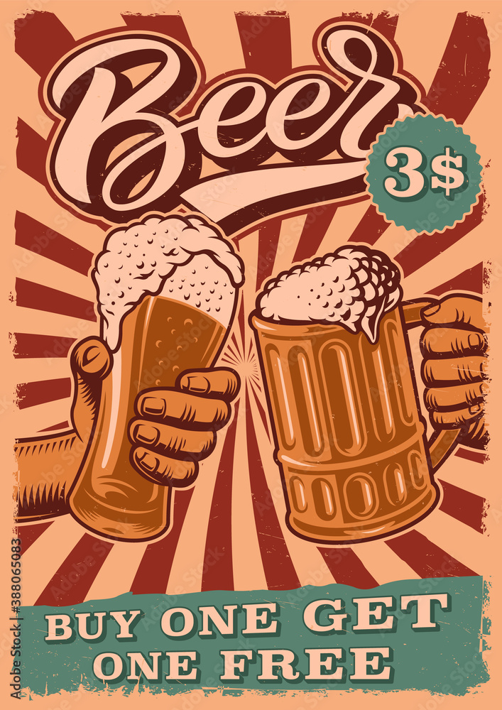 A vintage poster for beer theme with an illustration of people clinks ...
