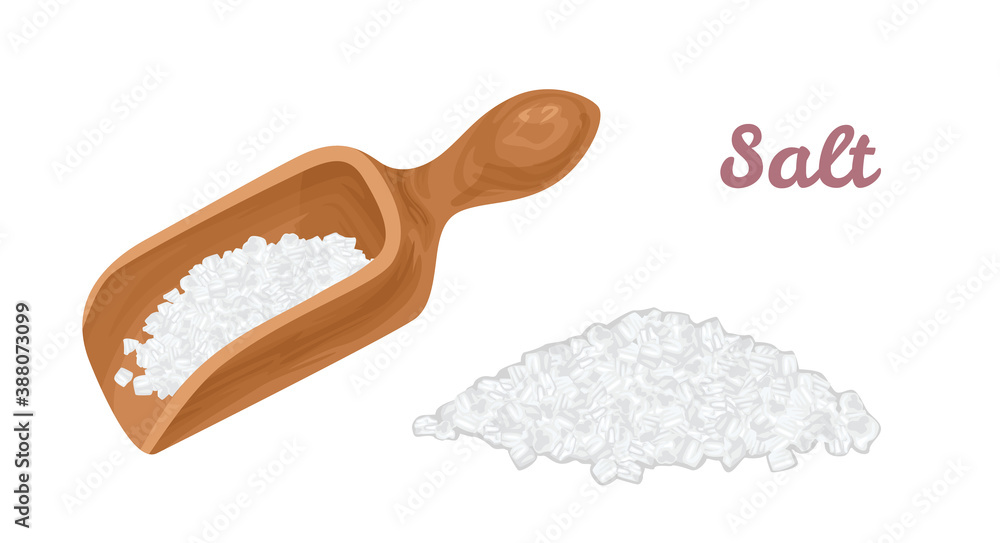 Salt in wooden scoop and pile of salt isolated on white background ...