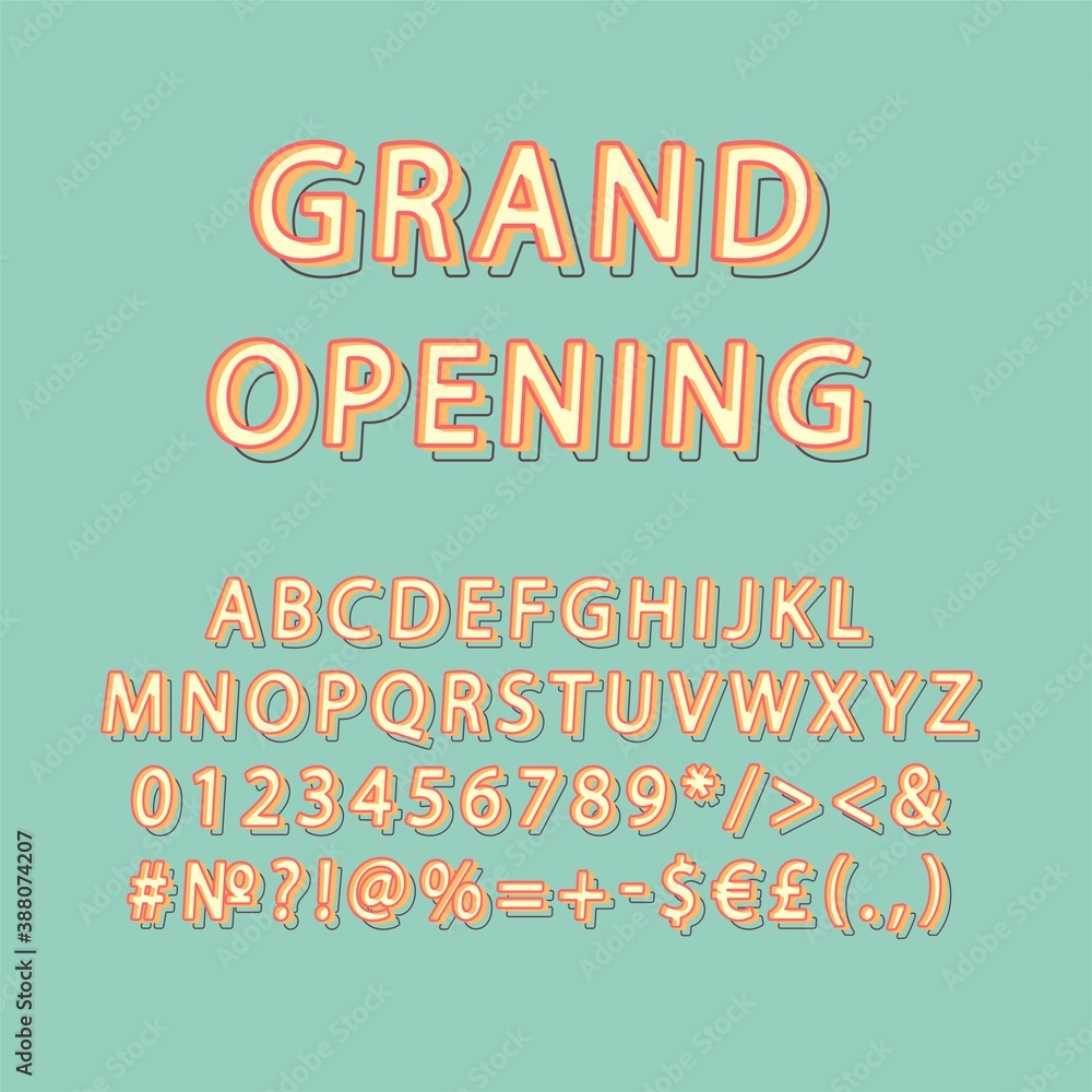 Grand opening header vintage 3d vector alphabet set. Retro bold font ...