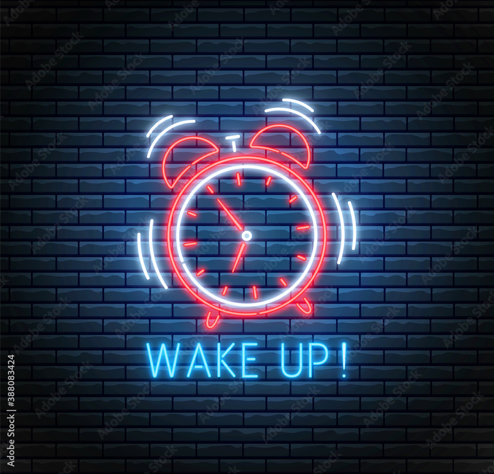 Neon alarm clock. Ringing clock. Wake up background. Led timer on brick ...