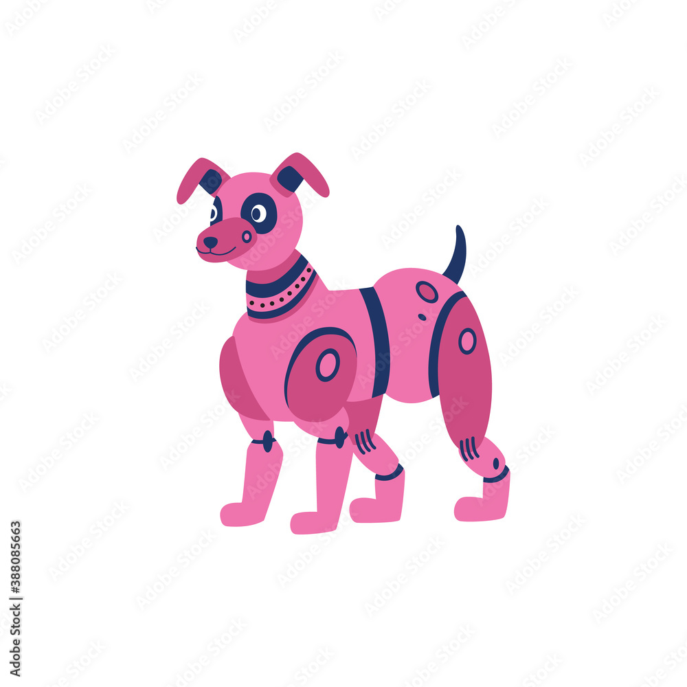 Cute pink robot cyber dog standing, flat cartoon vector illustration ...