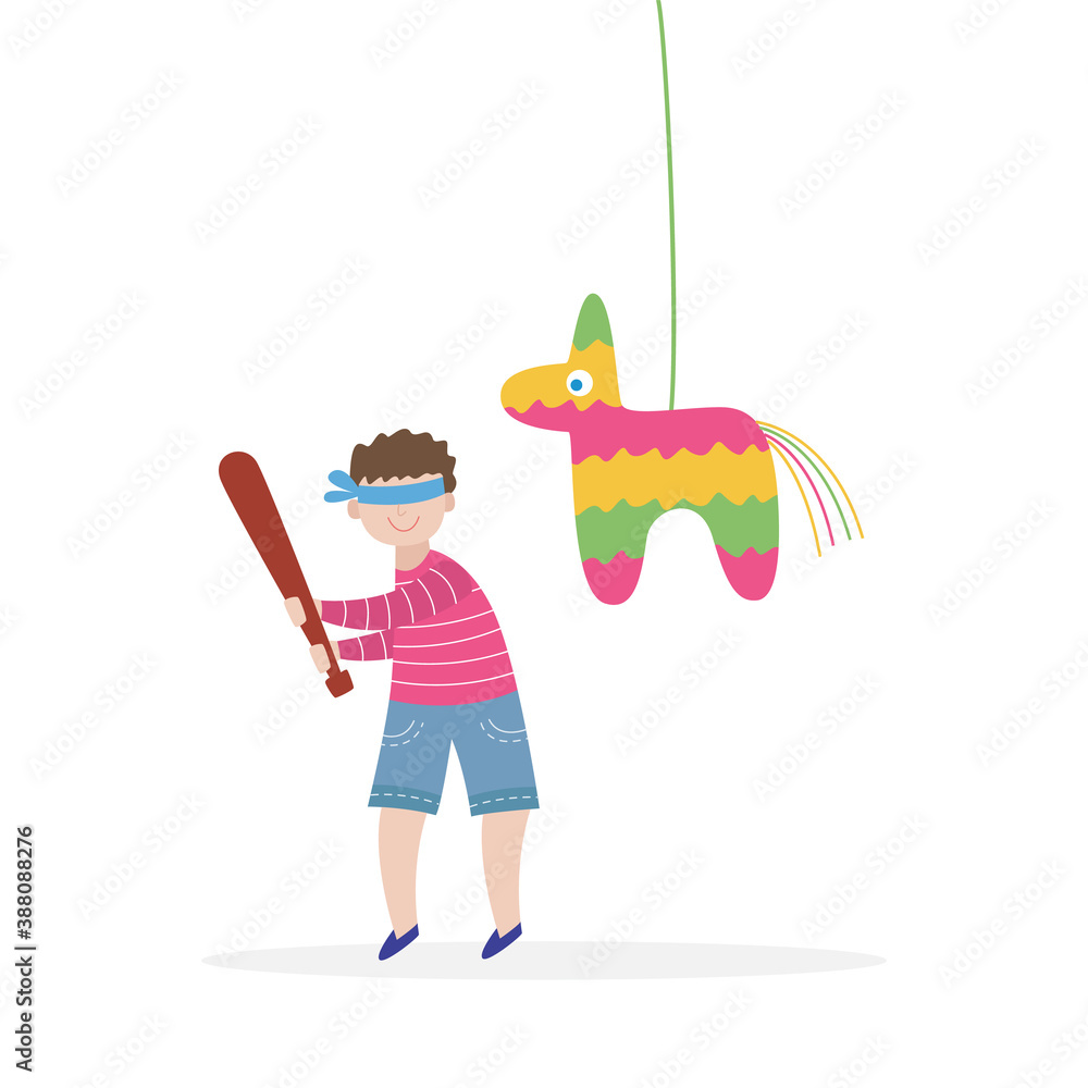 Child hitting pinata on birthday party, flat vector illustration ...