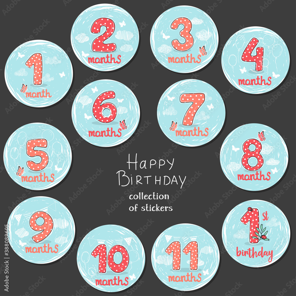 Set of stickers with numbers from 1 month to 1 year. Holiday set for a ...
