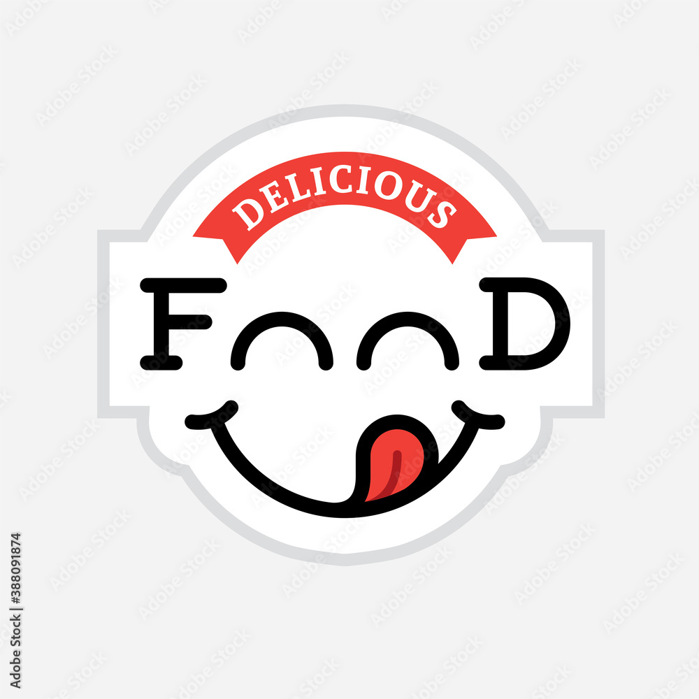Yummy food vector logo with funny smiling face. Mouth with a stuck out ...