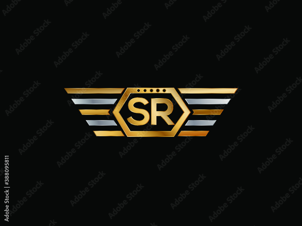 SR wing shape Initial logo letter design art logo, gold color on black ...