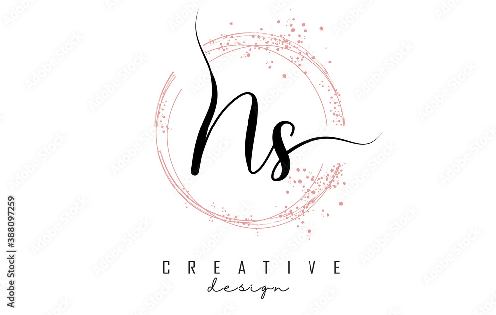 Handwritten NS N S letter logo with sparkling circles with pink glitter ...