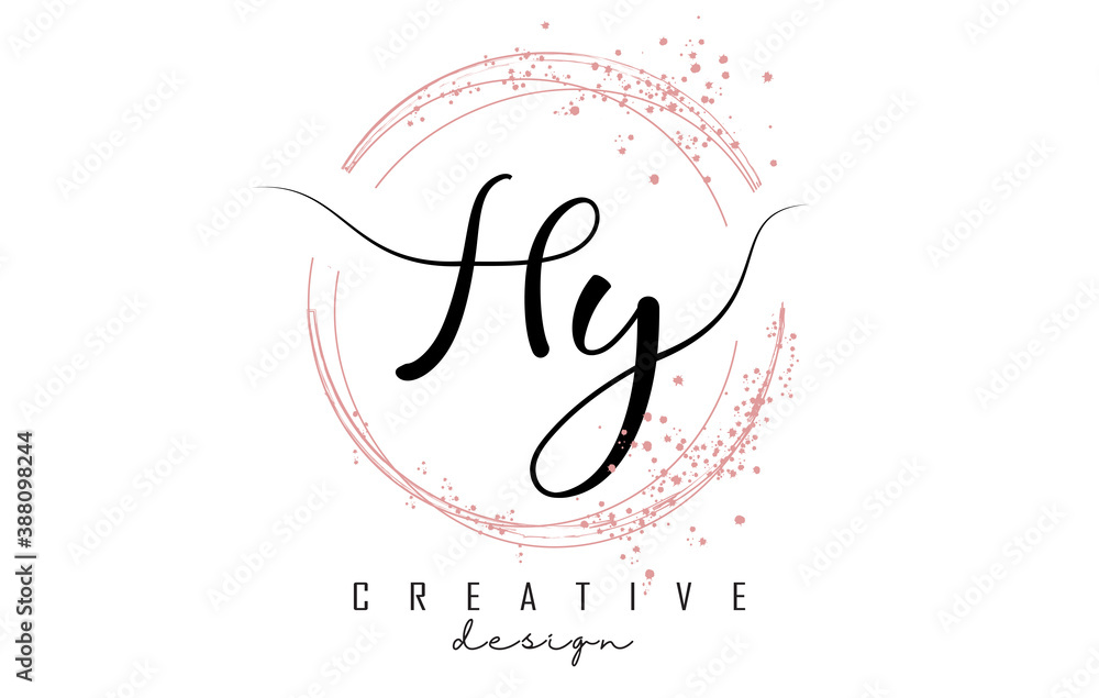 Handwritten HY H Y letter logo with sparkling circles with pink glitter ...