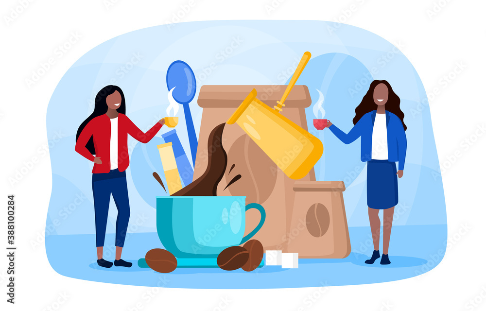 Abstract concept of making coffee. With giant mugs, cezve and other ...