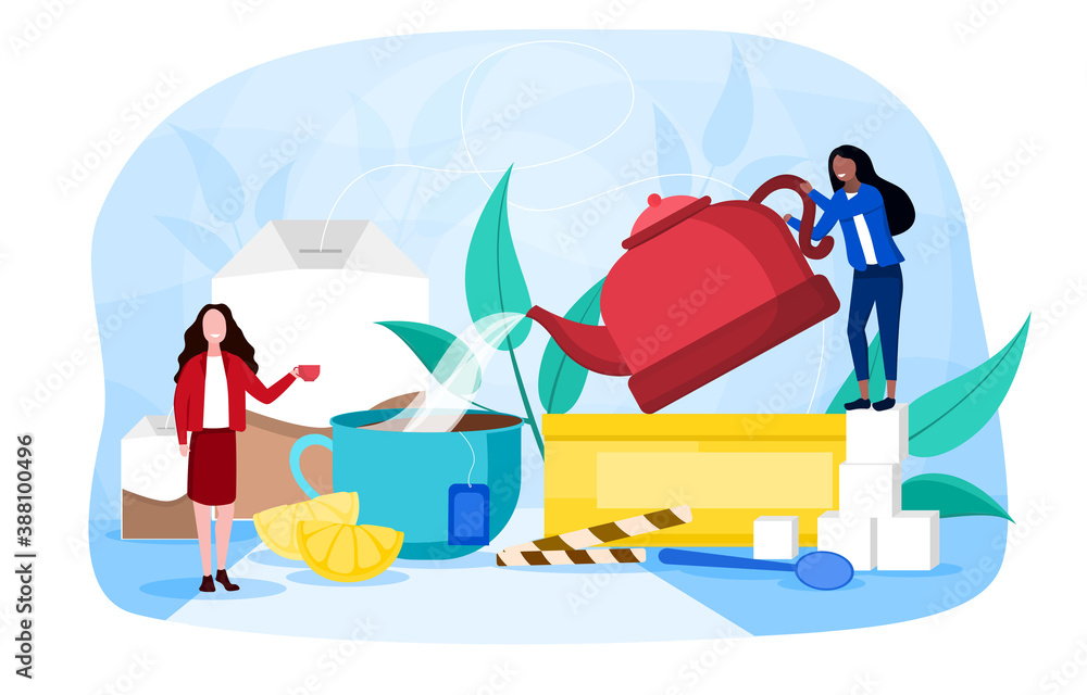 Abstract concept of making tea. With sugar lamps, giant mug, teapot and ...