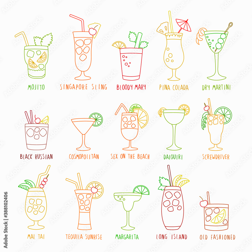 Plakat, Poster Beverage set with the names of the coctails drinks ...
