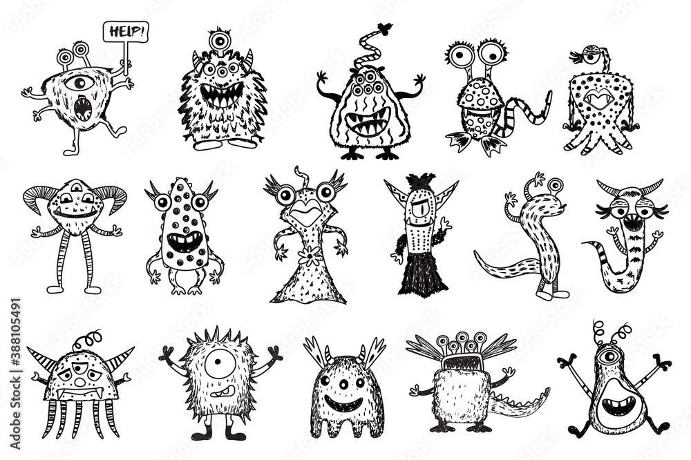 Cute hand drawn monster set, isolated on white background, cartoon ...