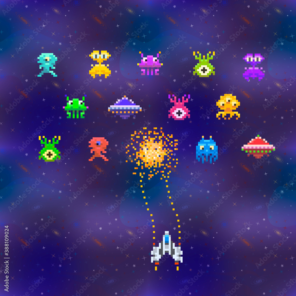 Cute space invaders in pixel art style on deep space background ...