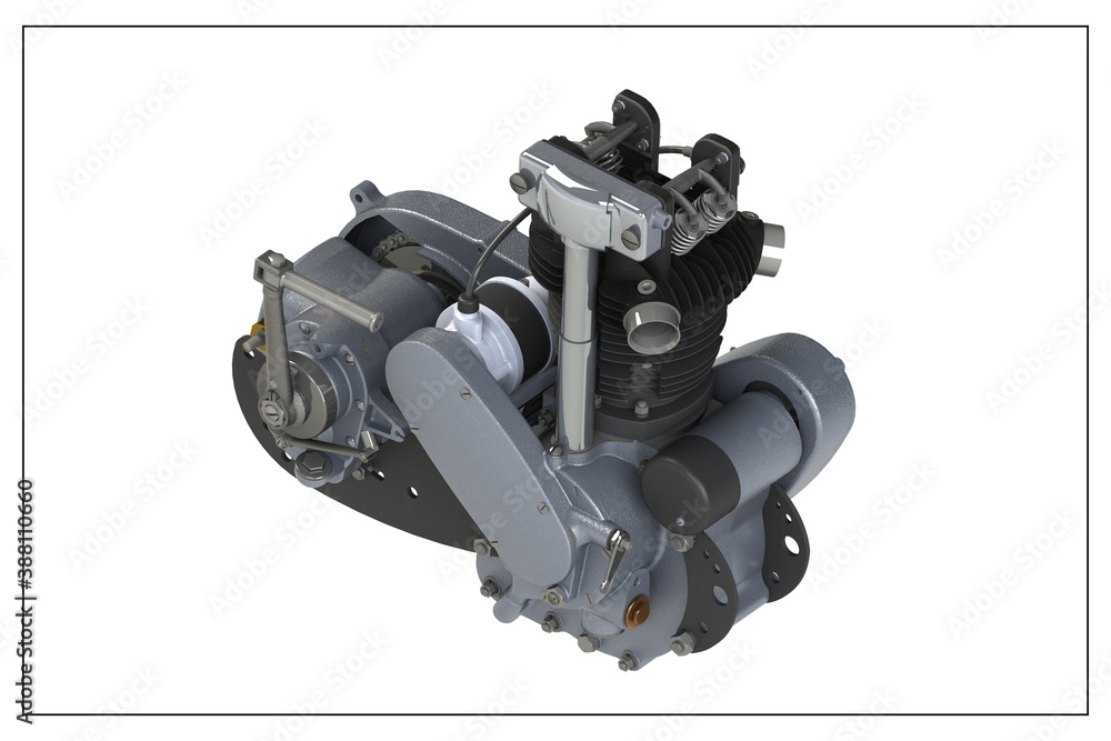 3D design of a motorcycle engine with exploded view. Stock Illustration ...