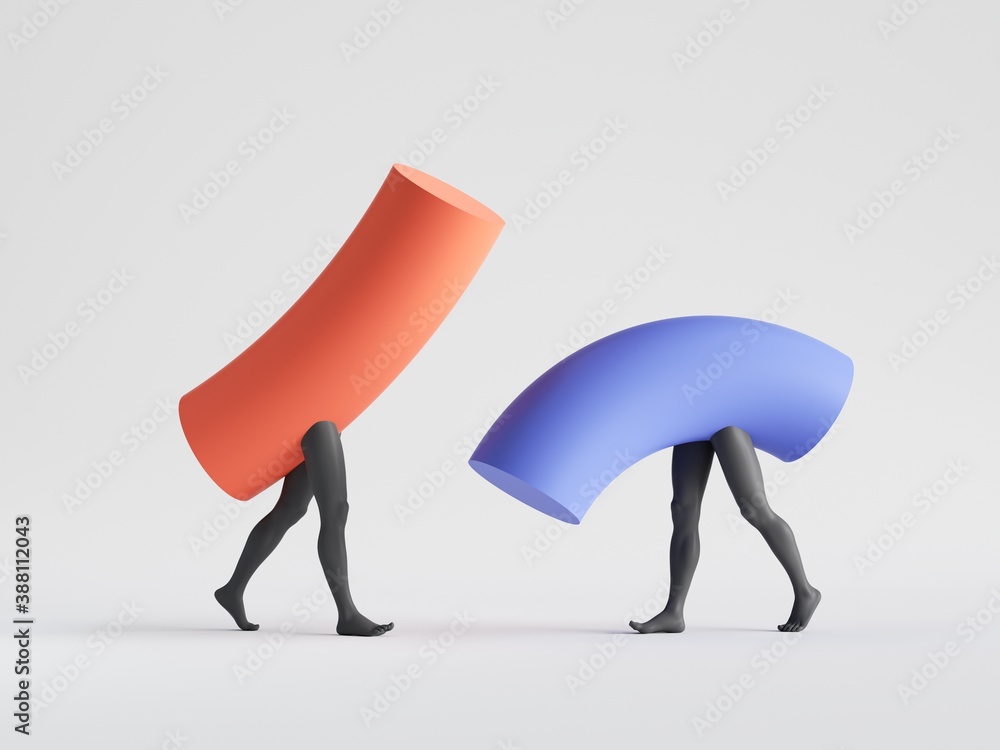 3d render, abstract geometric cartoon characters with mannequin legs ...