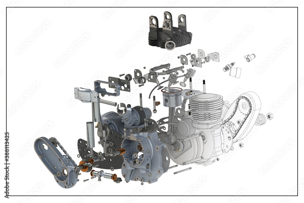 3D design of a motorcycle engine with exploded view. Stock Illustration ...