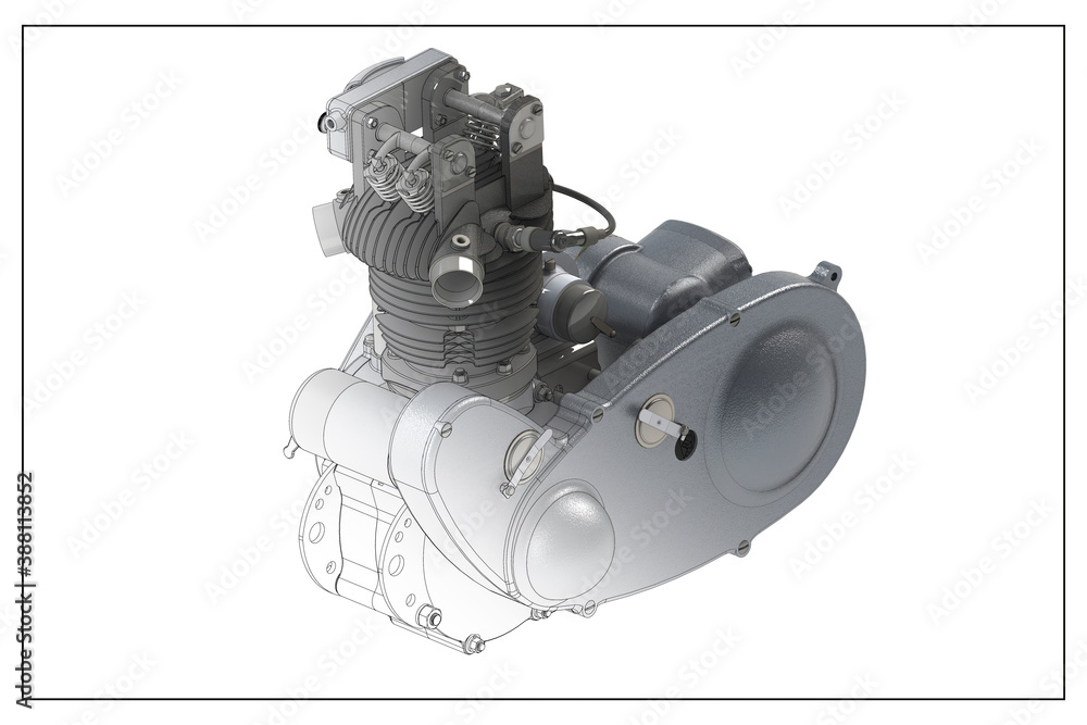 3D design of a motorcycle engine with exploded view. Stock Illustration ...