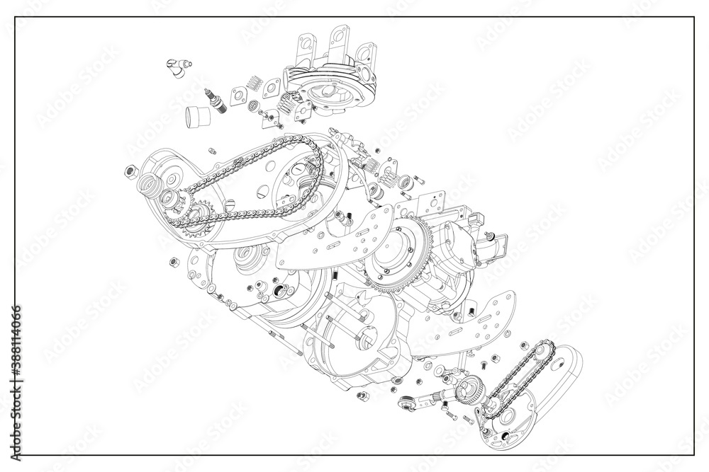 3D design of a motorcycle engine with exploded view. Stock Illustration ...