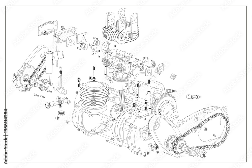 3D design of a motorcycle engine with exploded view. Stock Illustration ...