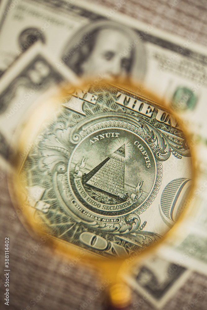 Unfinished pyramid on one dollar bill with inscriptions - thirteen ...