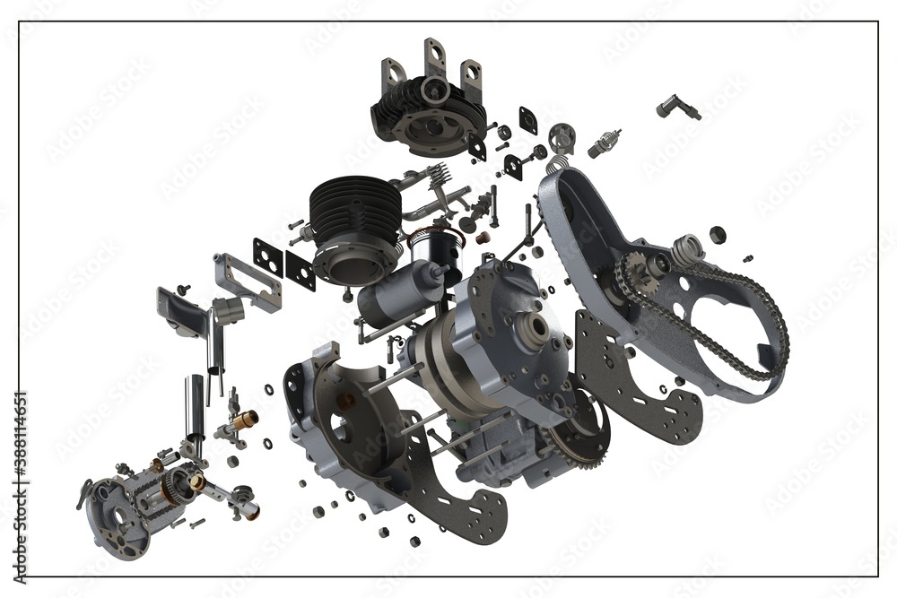 3D design of a motorcycle engine with exploded view. Stock Illustration | Adobe Stock