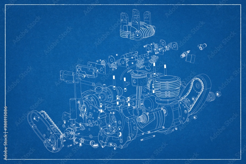 3D design of a motorcycle engine with exploded view. Stock Illustration ...