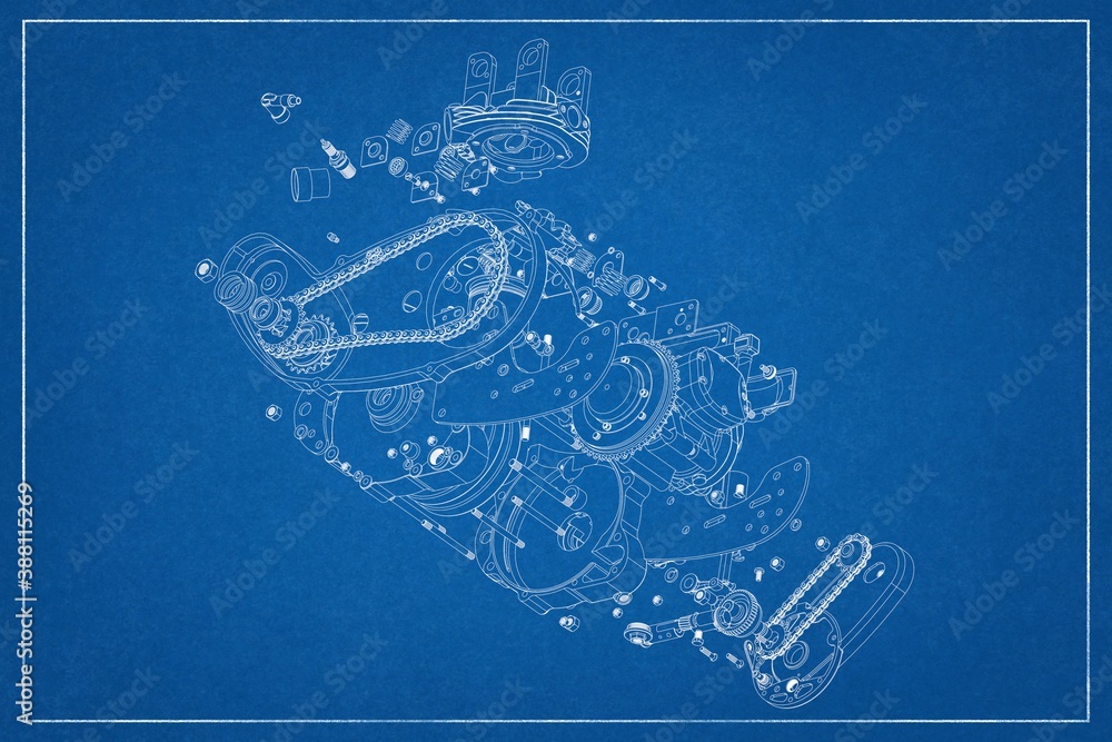 3D design of a motorcycle engine with exploded view. Stock Illustration ...