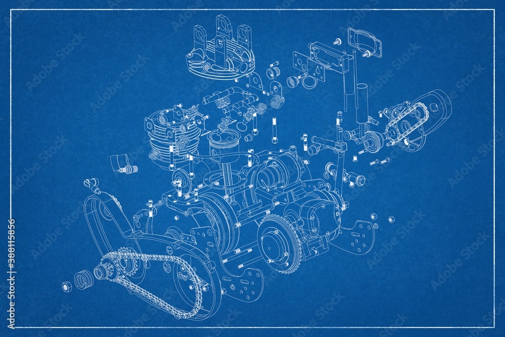 3D design of a motorcycle engine with exploded view. Stock Illustration | Adobe Stock