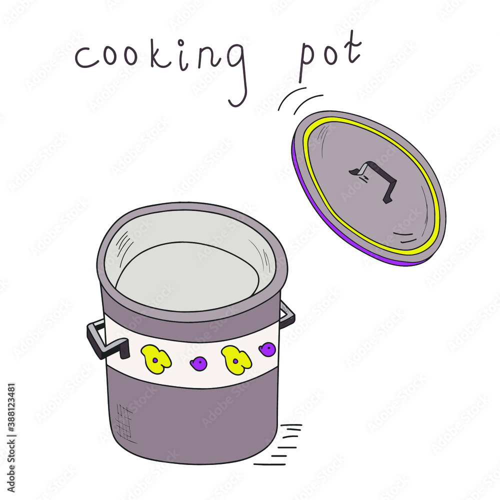 Purple cooking pot with a pot lid on white background. Doodle line art ...