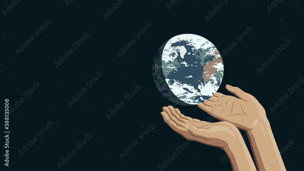 Detailed flat vector illustration of two hands holding the Earth. Stock ...