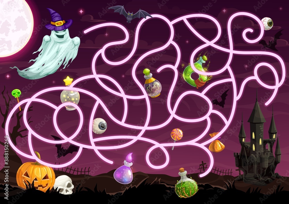 Halloween maze game with labyrinth vector template of kids education ...