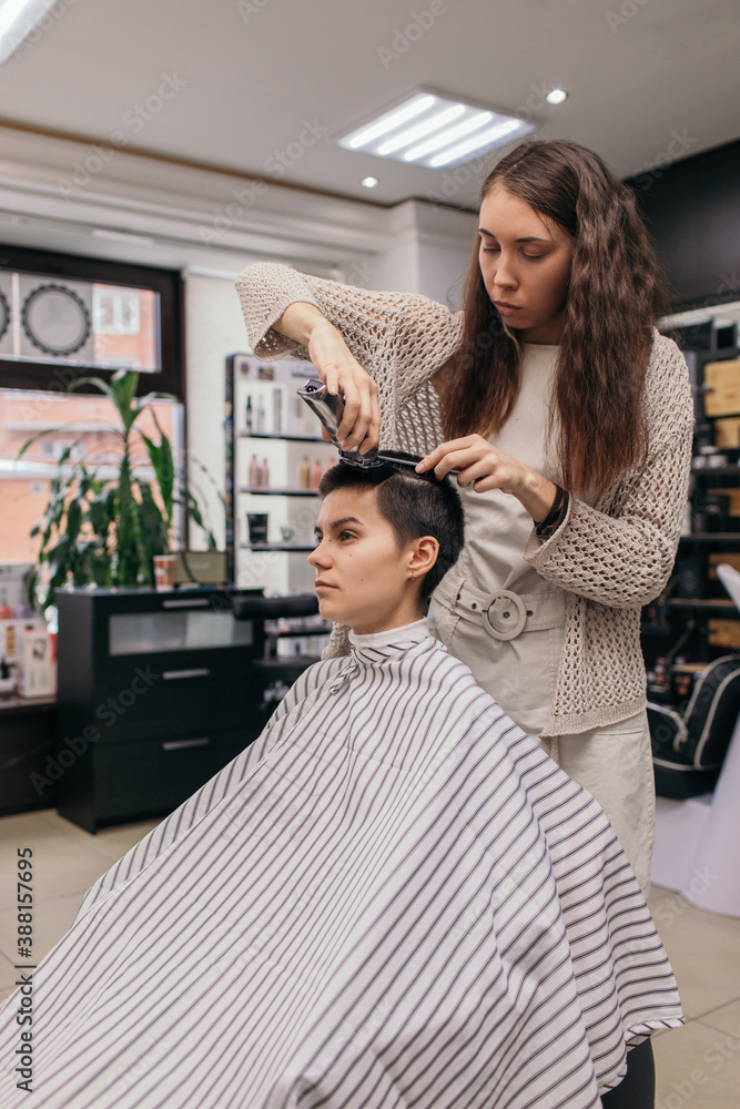 Female hairstylist trimming hair of androgynous client in salon Stock ...
