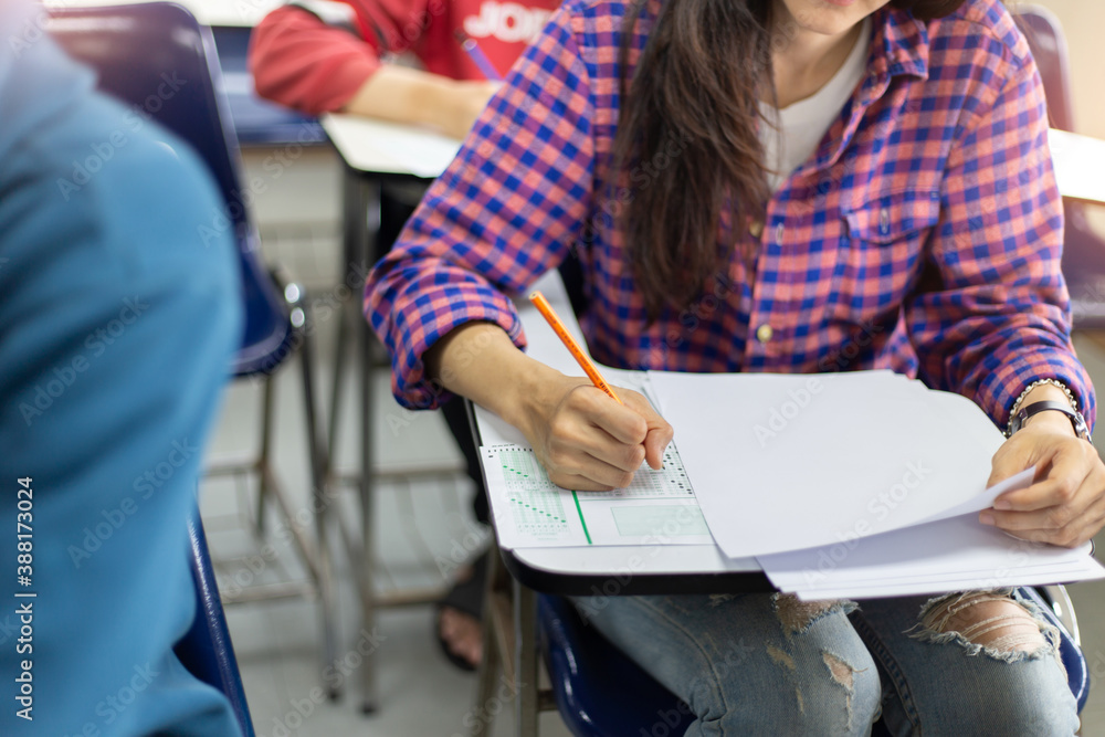 soft focus.high school,university student study.hands writing paper ...