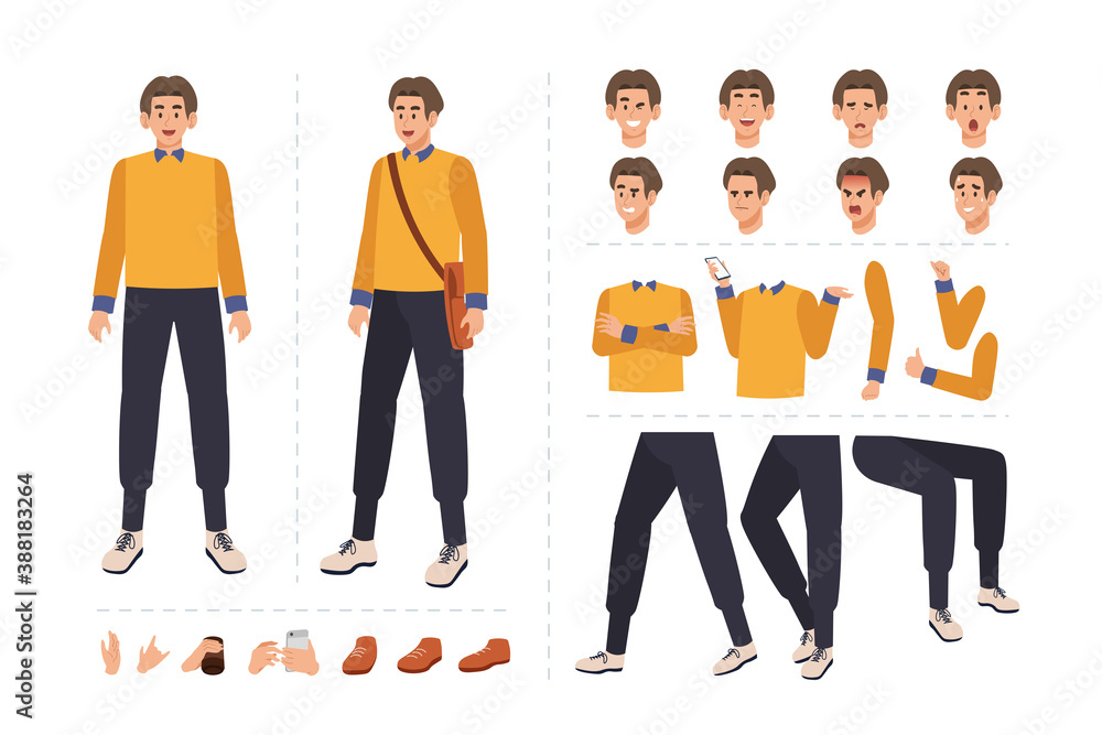Male student cartoon character for motion design with facial ...