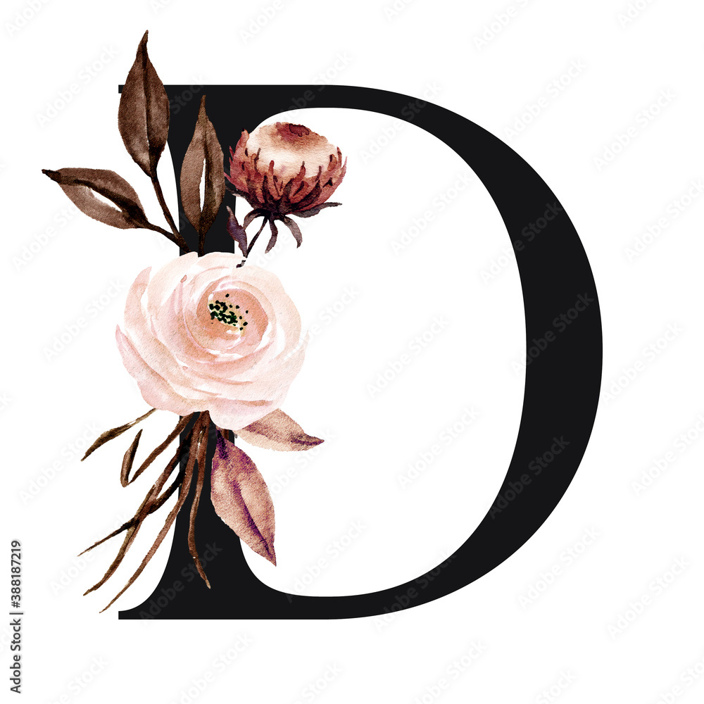 Letter d, floral letterhead, alphabet with watercolor flowers and leaf ...