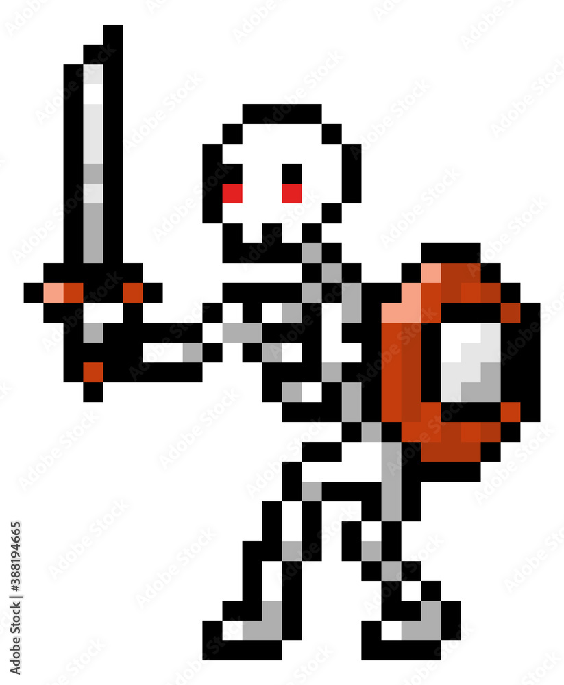 Vector pixel character. Pixel art style. Illustration of pixel skeleton ...