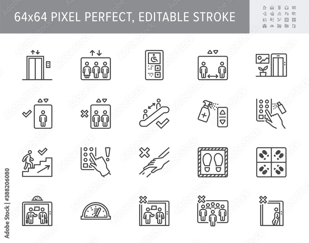 Elevator pitch line icons. Vector illustration, keep social distance ...