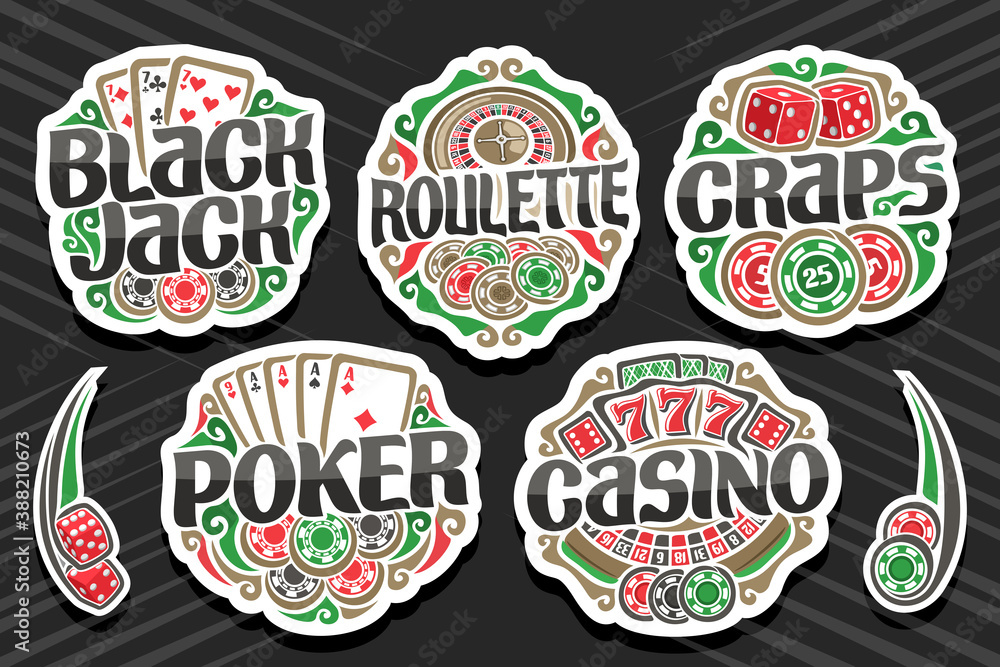 Vector set of Gambling Logos, 7 isolated badges with illustration of ...