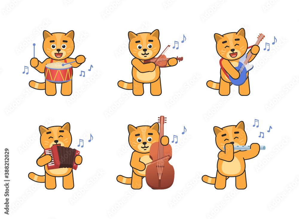 Set of cute cat characters playing on various musical instruments ...