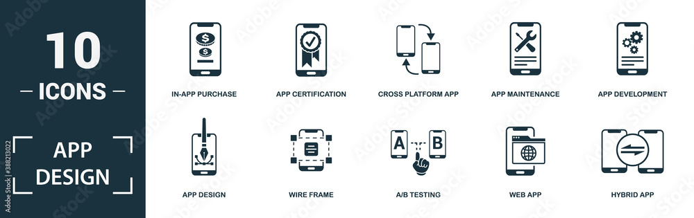 App Design icon set. Monochrome sign collection with custom app, agile ...