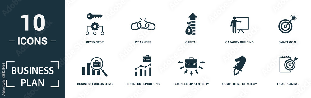 Business Plan icon set. Monochrome sign collection with market share ...