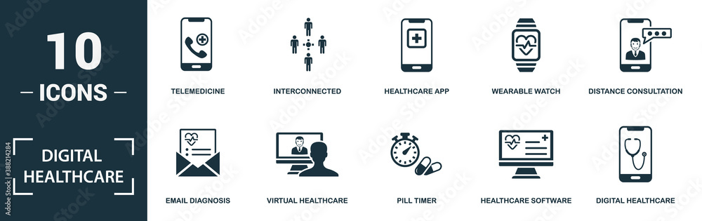 Digital Healthcare icon set. Monochrome sign collection with ...